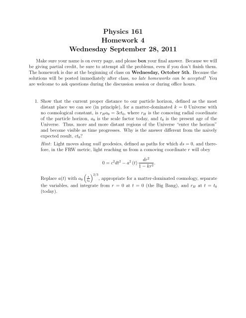 Physics 161 Homework 4 Wednesday September 28, 2011