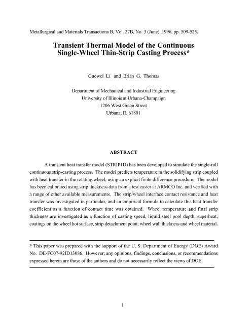 Transient Thermal Model of the Continuous Single-Wheel Thin-Strip ...
