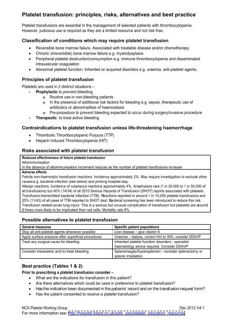 Platelet transfusion: principles, risks, alternatives and best practice