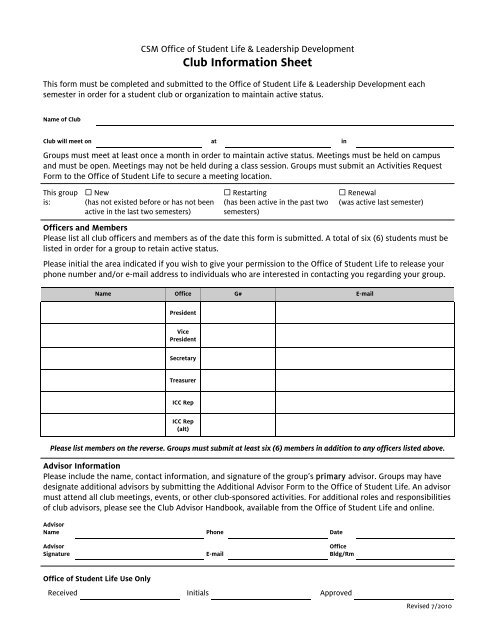 Club Information Sheet - College of San Mateo