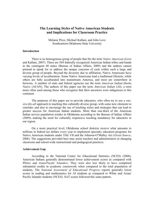 The Learning Styles of Native American Students and Implications ...