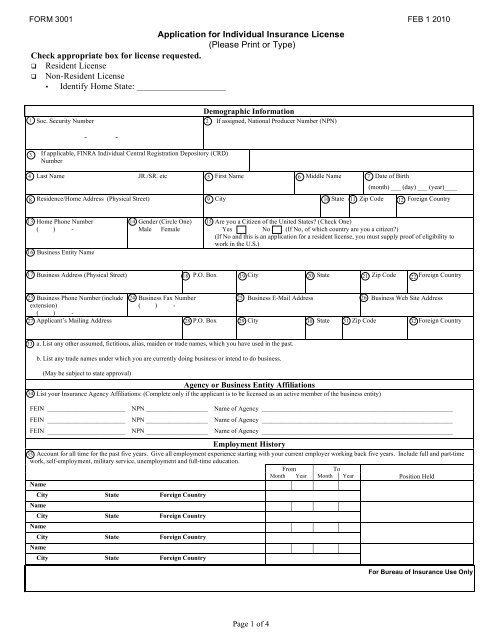 Application for Individual Insurance License (Please Print or Type ...