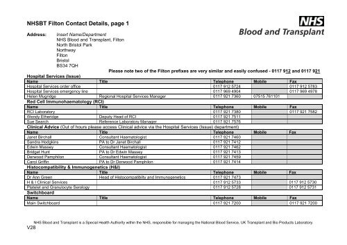 NHSBT Filton Contact Details, page 1 - Hospitals & Science