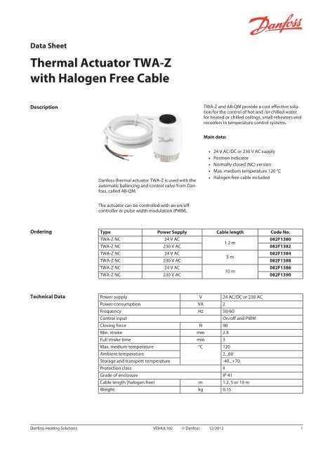 Thermal Actuator TWA-Z with Halogen Free Cable - Danfoss.com