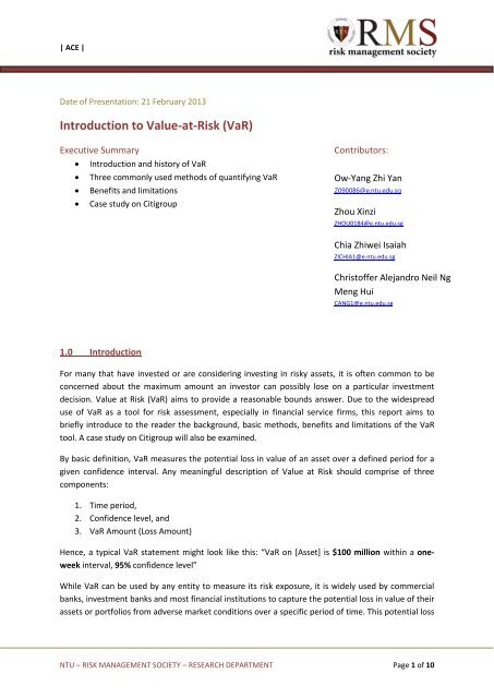 Introduction to Value-at-Risk (VaR)