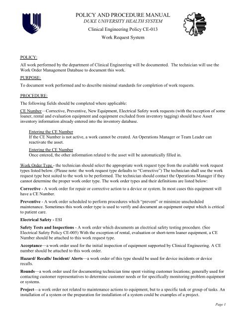 Work Request System - Clinical Engineering - Duke University