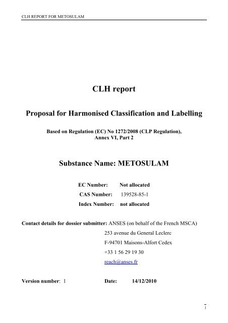 CLH report Proposal for Harmonised Classification and ... - ECHA