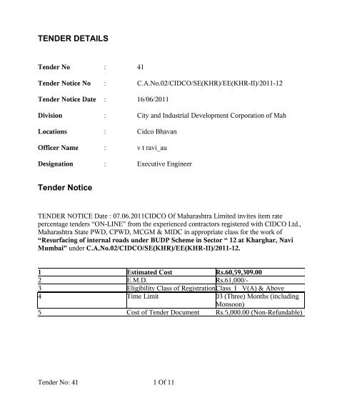 TENDER DETAILS Tender Notice - CIDCO Maharashtra Ltd.