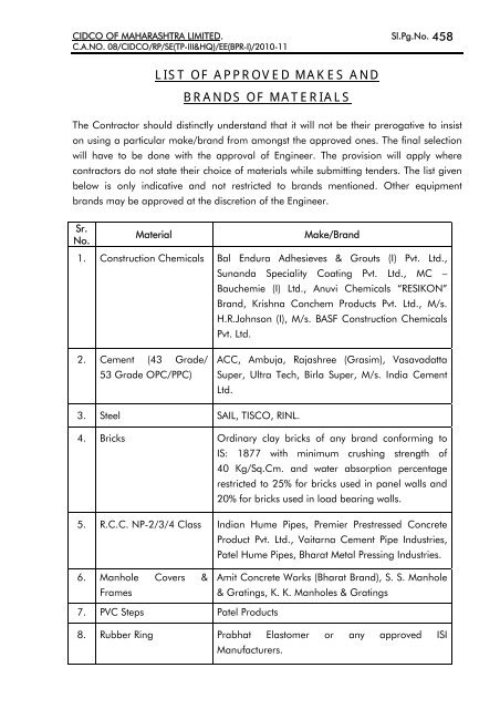 list of approved makes and brands of materials - CIDCO ...