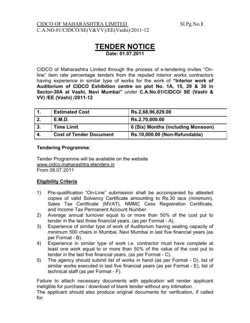 TENDER NOTICE - CIDCO Maharashtra Ltd.