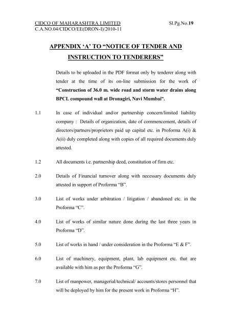 appendix 'a' to “notice of tender and instruction to tenderers”