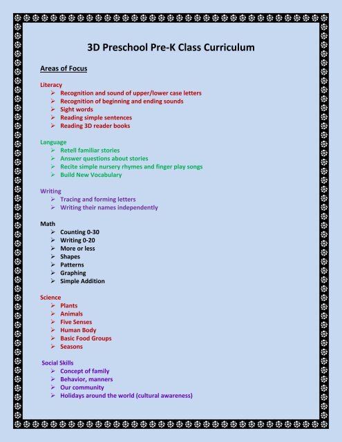 3D Preschool Pre-K Class Curriculum