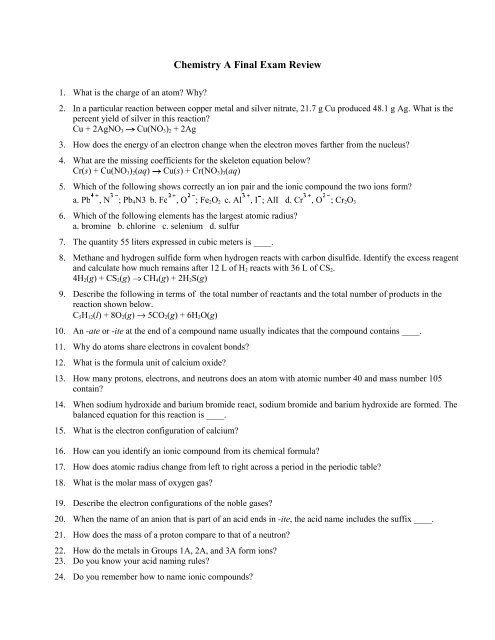 Chemistry A Final Exam Review