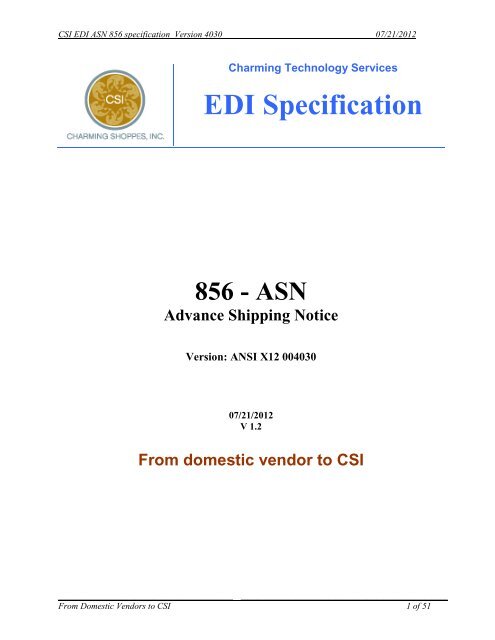 3.3.3 EDI 856 - Advance Shipping Notice (ASN) for domestic vendors