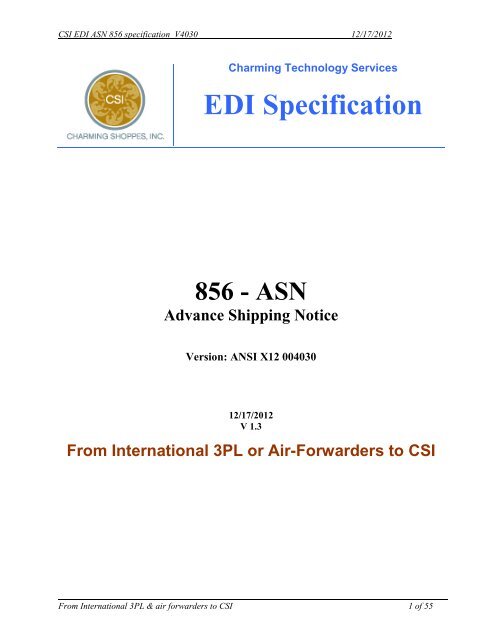 3.4.2 EDI 856 - Advance Shipping Notice (ASN) - CSI Vendor Manual