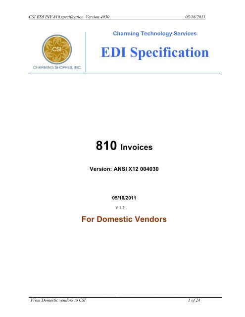3.3.4 EDI 810 - Invoice for domestic vendors - CSI Vendor Manual