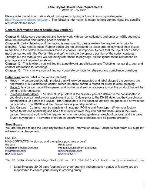 Lane Bryant Shoes - CSI Vendor Manual