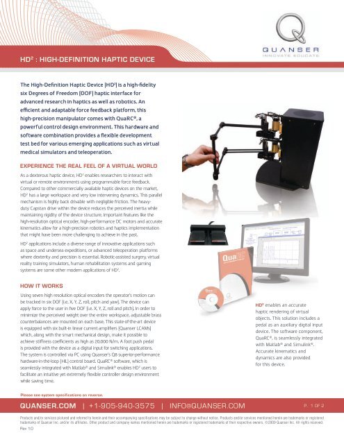 INFO@QUANSER.COM HD2 : HigH-DEfiNitiON HAPtiC ... - Dofware