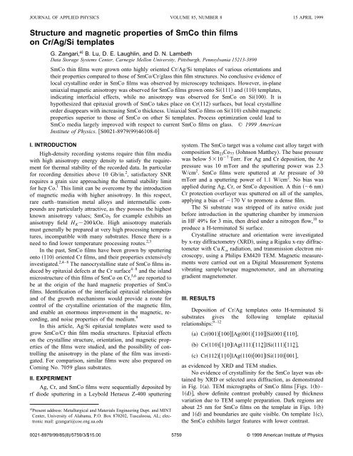 Structure and magnetic properties of SmCo thin films ... - IEEE Xplore