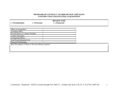 NIH BOARD OF CONTRACT AWARDS REVIEW CHECKLIST