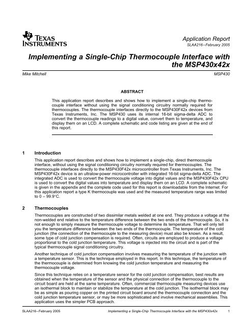 Implementing a Single-Chip Thermocouple ... - Texas Instruments