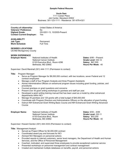 Sample Federal Resume - National Institutes of Health