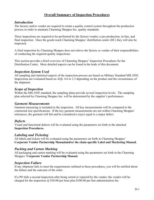 Inspection Procedures - CSI Vendor Manual