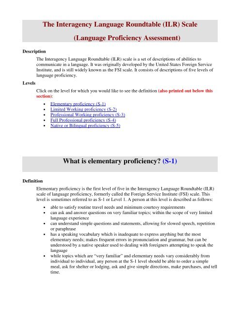 The Interagency Language Roundtable (ILR) Scale (Language ...