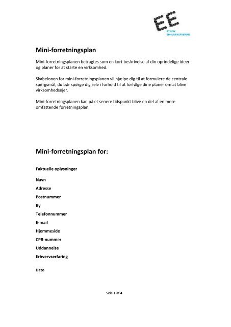 Mini-forretningsplan Mini-forretningsplan for: