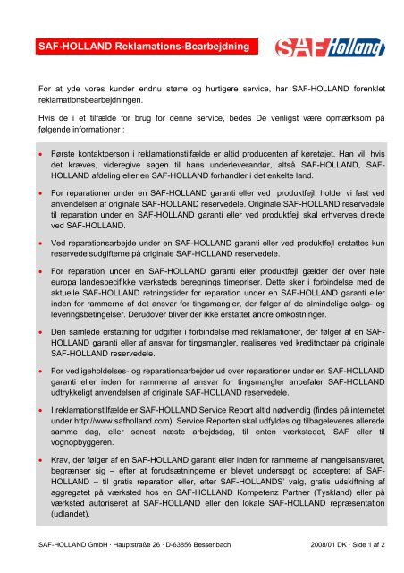 SAF-HOLLAND Reklamations-Bearbejdning - SAF-HOLLAND GmbH