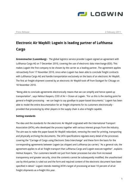 Electronic Air Waybill: Logwin is leading partner of Lufthansa Cargo