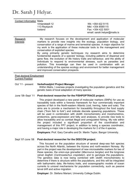 Dr. Sarah J Helyar. - Matís