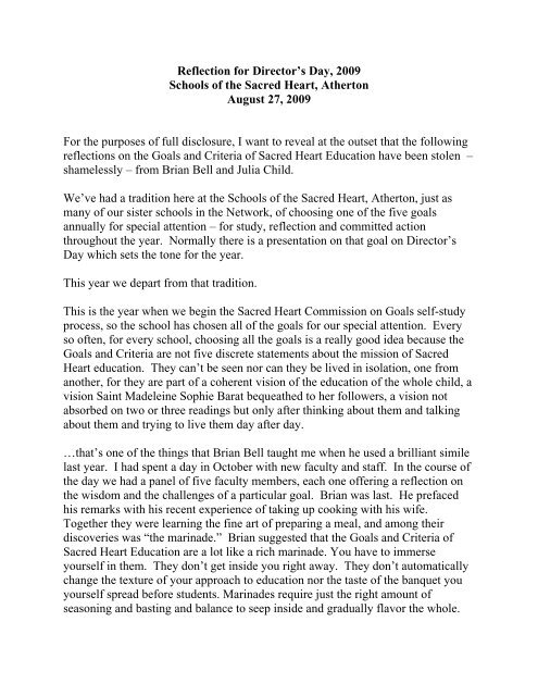 Goals and Criteria as Marinade - Sacred Heart Schools