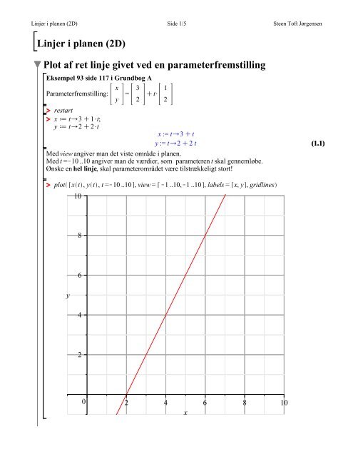 Plot af ret linje givet ved en parameterfremstilling - Steen Toft ...