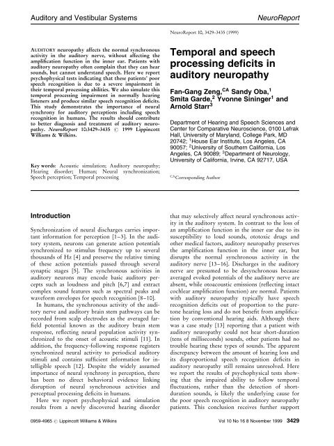 Temporal and speech processing deficits in auditory neuropathy
