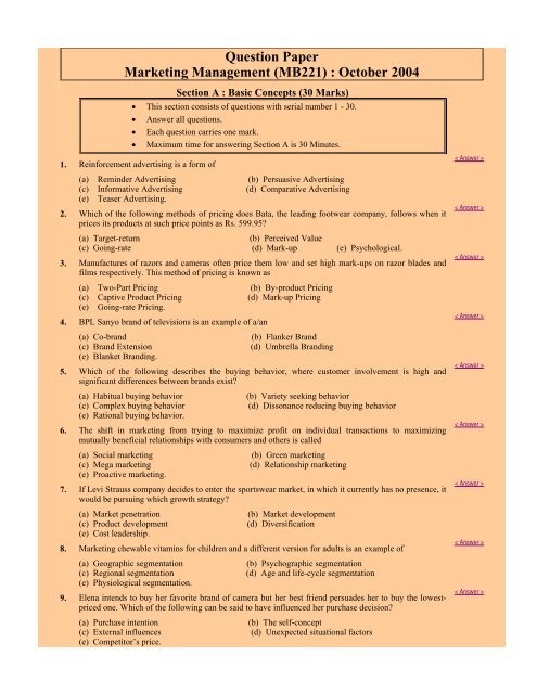 Question Paper Marketing Management (MB221) : October 2004