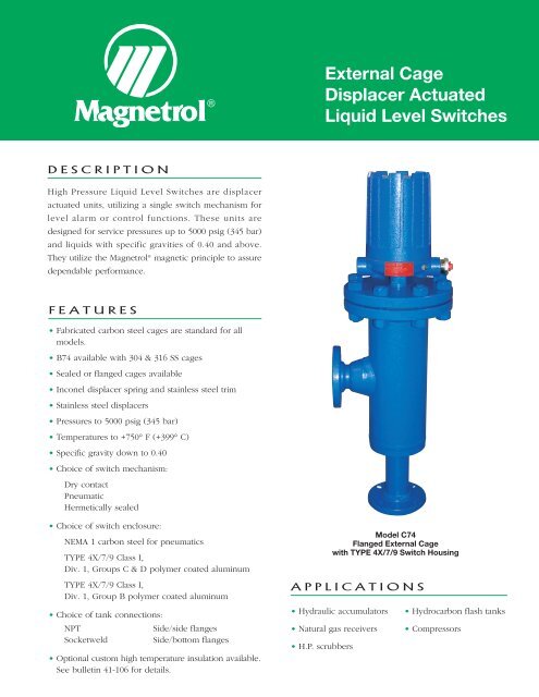 46-121 External Cage Displacer Actuated Liquid Level Switches