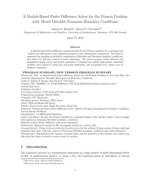 A Matlab Based Finite Difference Solver For The Poisson Problem