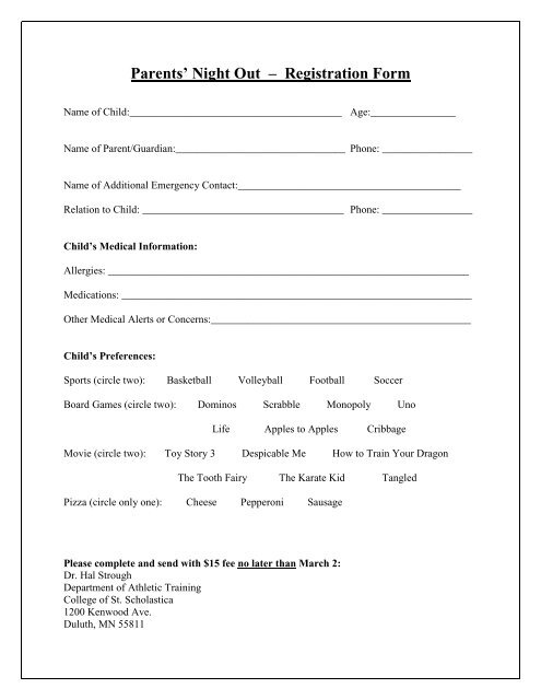 Parents' Night Out – Registration Form - The College of St. Scholastica