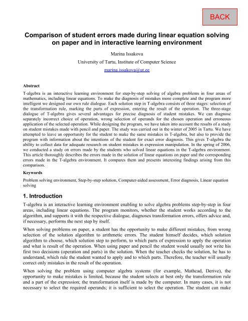 Comparison of student errors made during linear equation solving ...