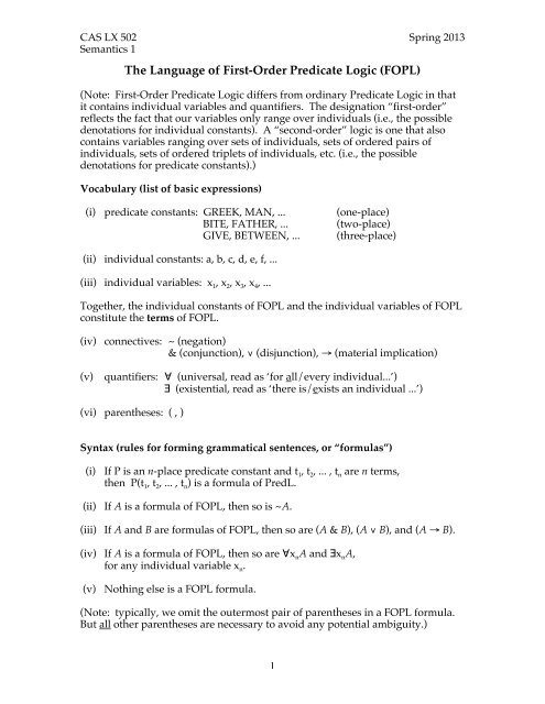 The Language of First-Order Predicate Logic (FOPL)