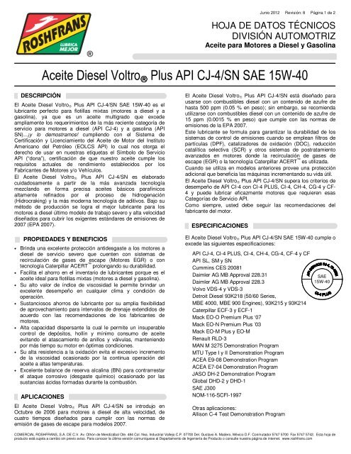 Aceite Diesel Voltro® Plus API CJ-4/SN SAE 15W-40 - Roshfrans