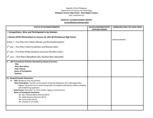 January 2013 - PSHS-BRC - Philippine Science High School