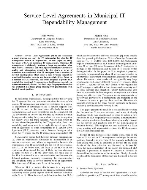 Service Level Agreements in Municipal IT Dependability Management