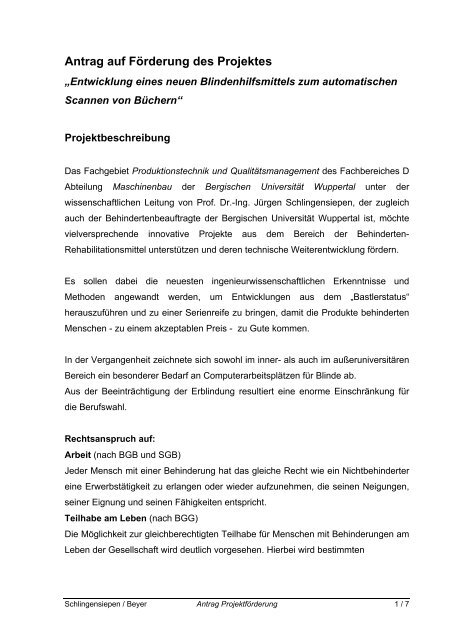 Projektantrag Jackst.. - Prof. Dr.-Ing. Jürgen Schlingensiepen