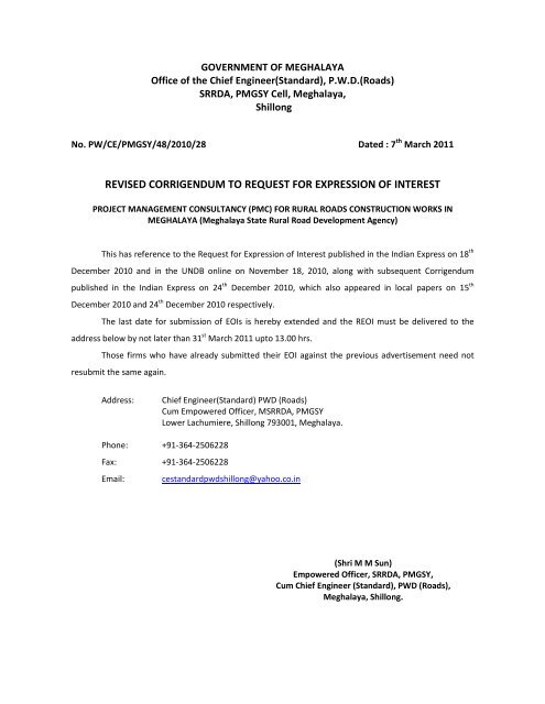 revised corrigendum to request for expression of interest - pmgsy