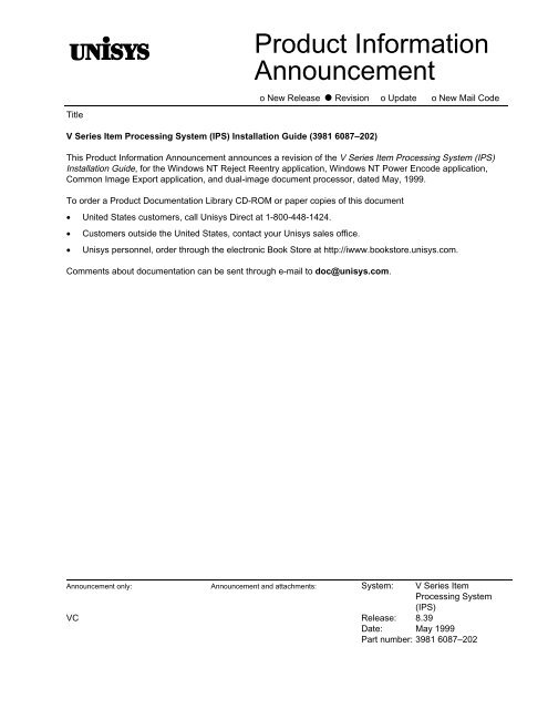 V Series IPS Installation Guide - Public Support Login - Unisys