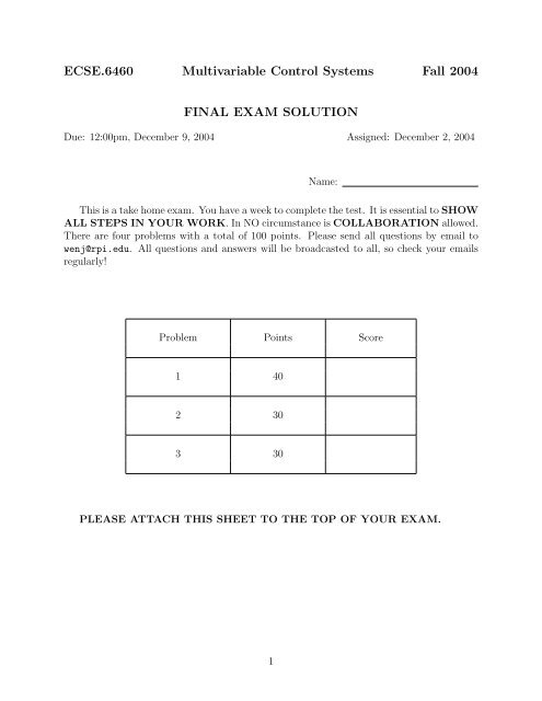 ECSE.6460 Multivariable Control Systems Fall 2004 FINAL EXAM ...