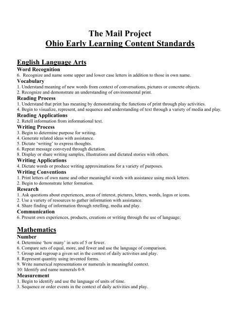 The Mail Project Ohio Early Learning Content Standards