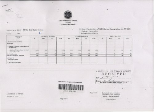 Agency Budget Matrix FY 2013 - PSHS-BRC - Philippine Science ...